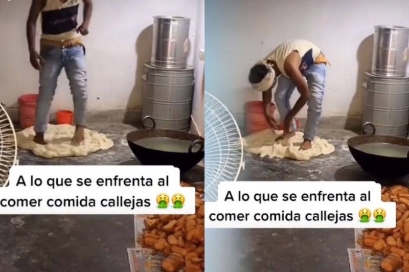 ¡Con las patas! Captan a panadero preparando la masa de pan con los pies